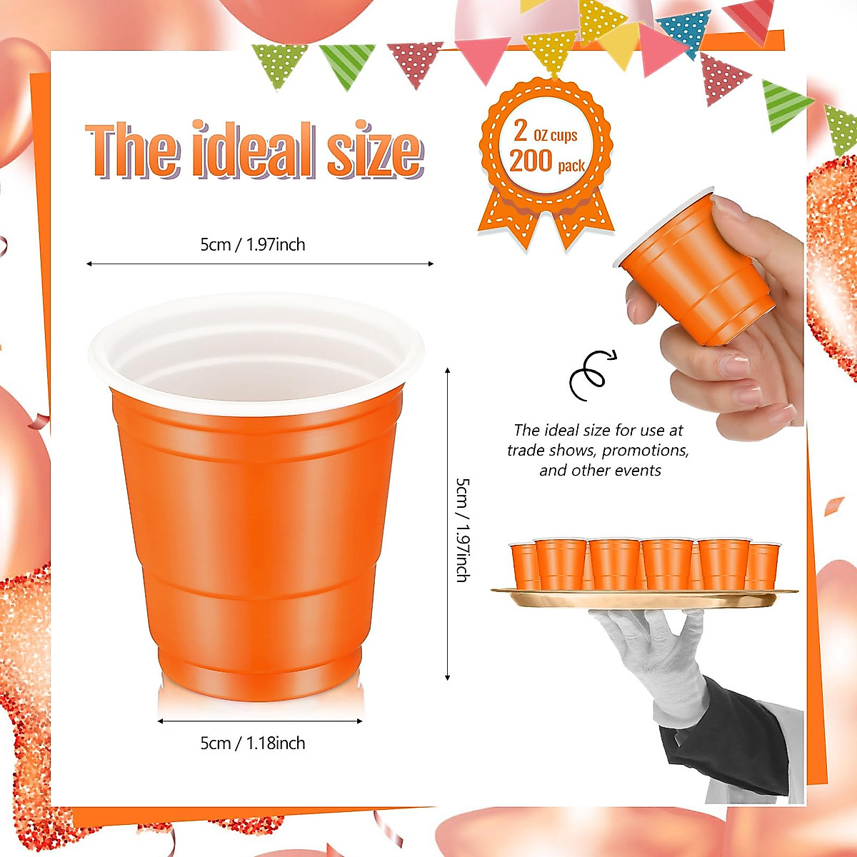 Layhit 200 Pack 2oz Shot Cups Plastic Shot Glasses Mini Disposable Cups for St. Patrick's Day Wedding Party Supplies Beer Drinking Serving Snacks Samples Tastings(Orange)