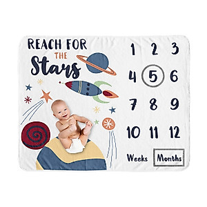 Sweet Jojo Designs Space Galaxy Boy Milestone Blanket Monthly Newborn First Year Growth Mat Baby Shower Memory Keepsake Gift Picture - Navy Blue Planets Star and Moon Rocket Ship Reach for The Stars