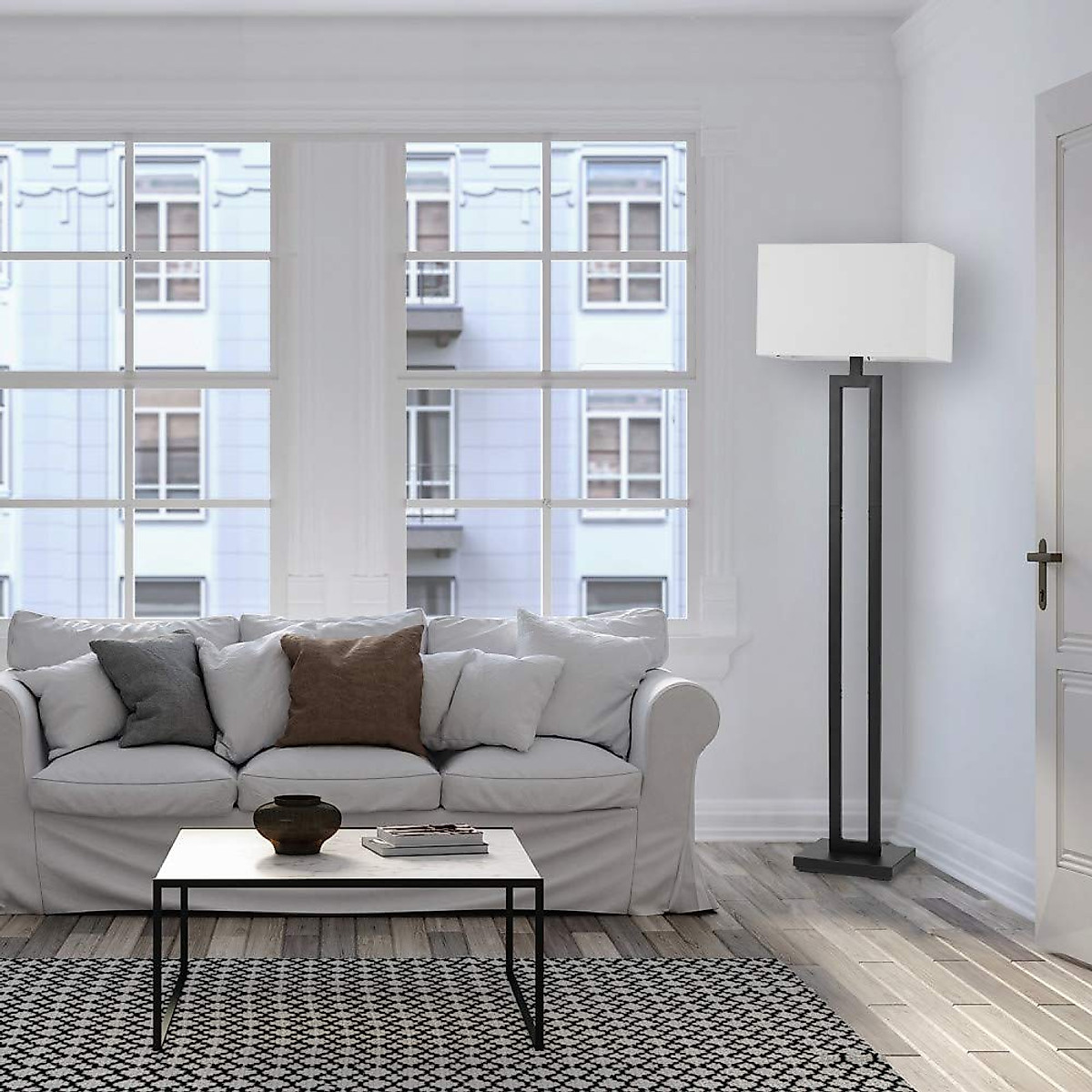 Globe Electric 67046 D'Alessio 58" Floor Lamp, Matte Black, White Linen Shade, On/Off Socket Rotary Switch