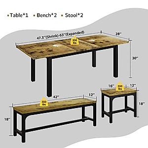 iPormis 5-Piece Dining Table Set for 4-8 People, Extendable Kitchen Table Set with 2 Benches and 2 Square Stools, Mid-Century Dining Room Table with Metal Frame & MDF Board, Saving Space, Rustic Brown