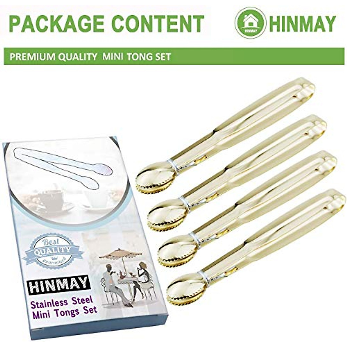 HINMAY Mini Appetizer Tongs 5-3/4 Inch Small Serving Tongs, Set of 4 (Gold)