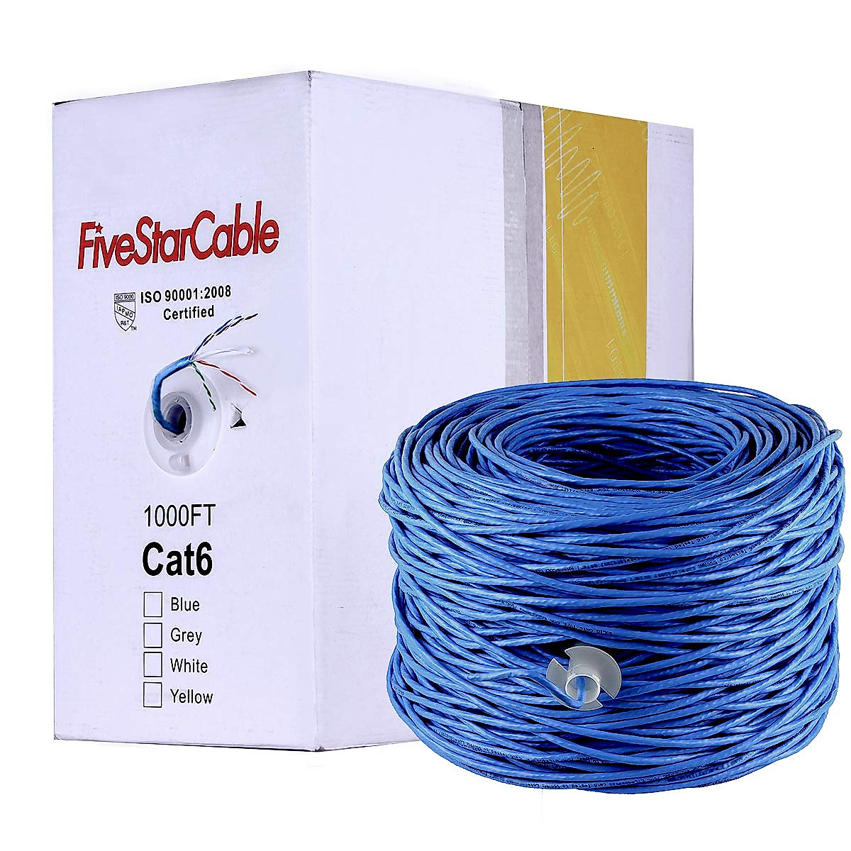 FiveStarCable Cat6 1000ft Twisted Pair 23AWG Solid UTP Network Ethernet Router Cable, 550Mhz, PVC RJ45 Wire Bulk Pull Box, Blue
