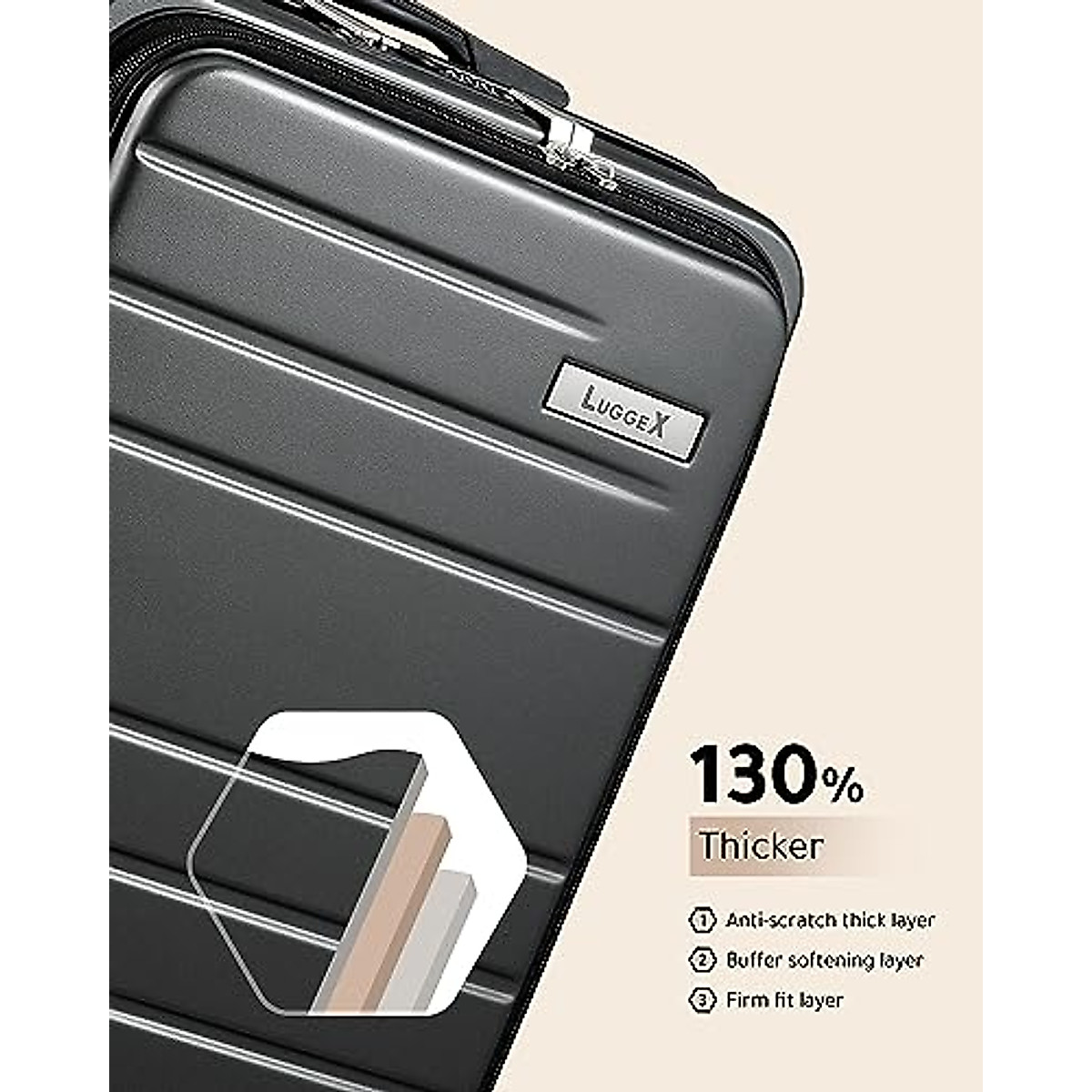 LUGGEX Carry On Luggage 22x14x9 Airline Approved with Laptop Compartment, PC Hard Shell Luggage with USB Port, Black Suitcase with Spinner Wheels