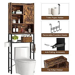 Rolanstar Over The Toilet Storage Rack with Cabinet, 5-Tier Bathroom Space Saver with Adjustable Shelf, Freestanding Bathroom Organizer, Multifunctional Bathroom Toilet Rack, Rustic Brown