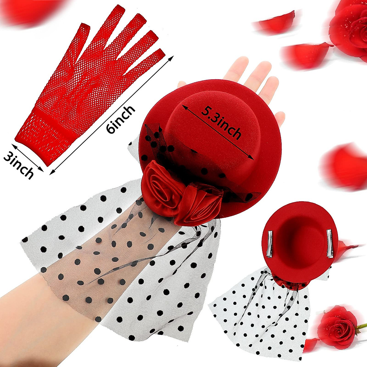 Chunyin Girls Tea Party Hats Mini Hat Hair Clip Fascinator Veil Mesh Hat and Gloves Sets Tea Party Accessories for Girls Kids Children 5.3'' Diam