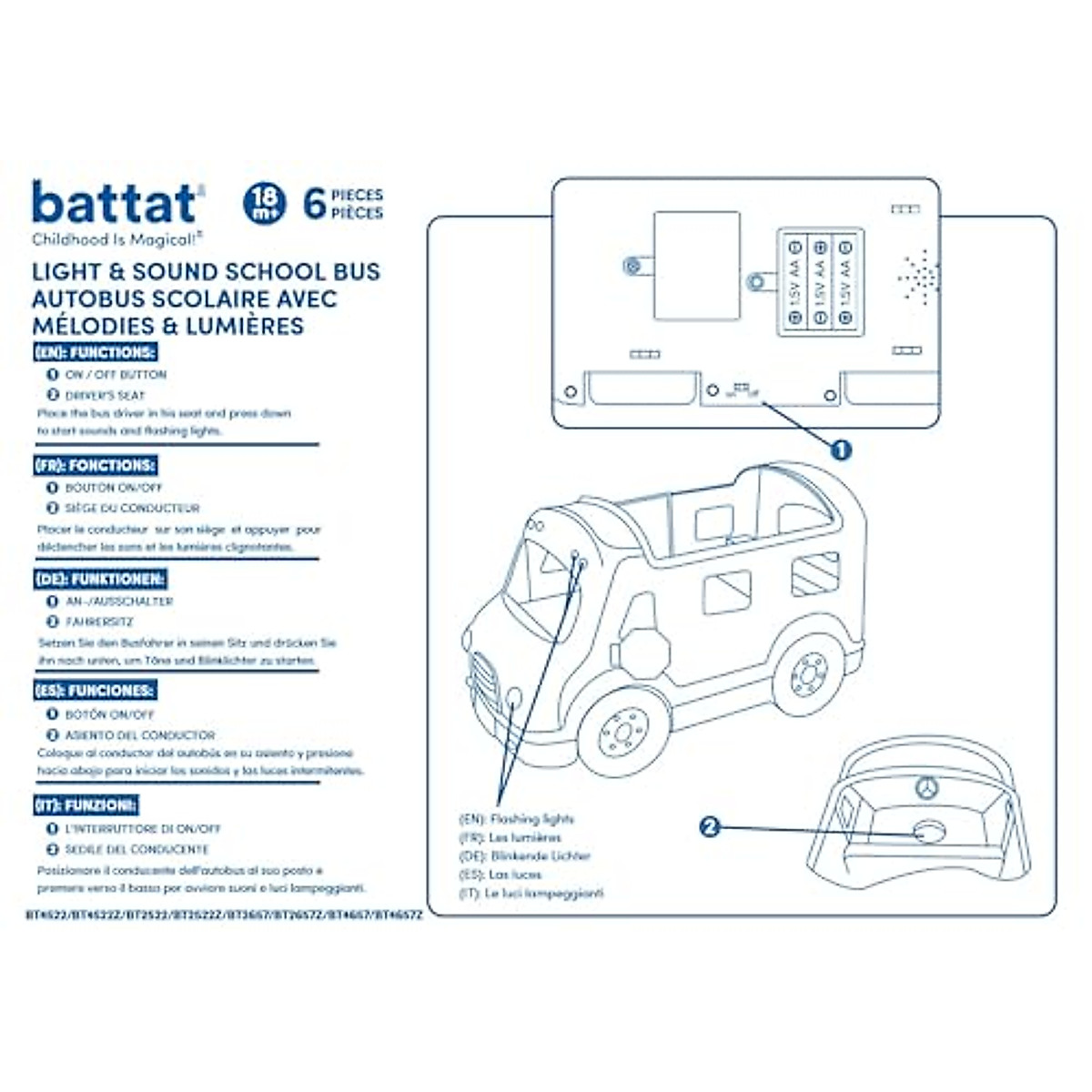Battat – Light-Up Yellow Bus – 5 Toy Figures – Realistic Sounds – Folding Stop Sign – 18 Months + – Light & Sound School Bus