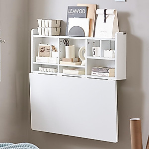 Haotian Wall Mounted Folding Table Drop-Leaf Floating Desk Trestle Desk Computer Table Writing Workstation with Storage Compartments, White, FWT07-II-W