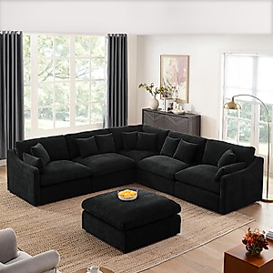 Yoglad Modern Oversized Modular Sectional Sofa Set with Down Feathers, L-Shaped Chenille Upholstered Couch with Ottoman and 10 Pillows for Living Room or Apartment (Black)