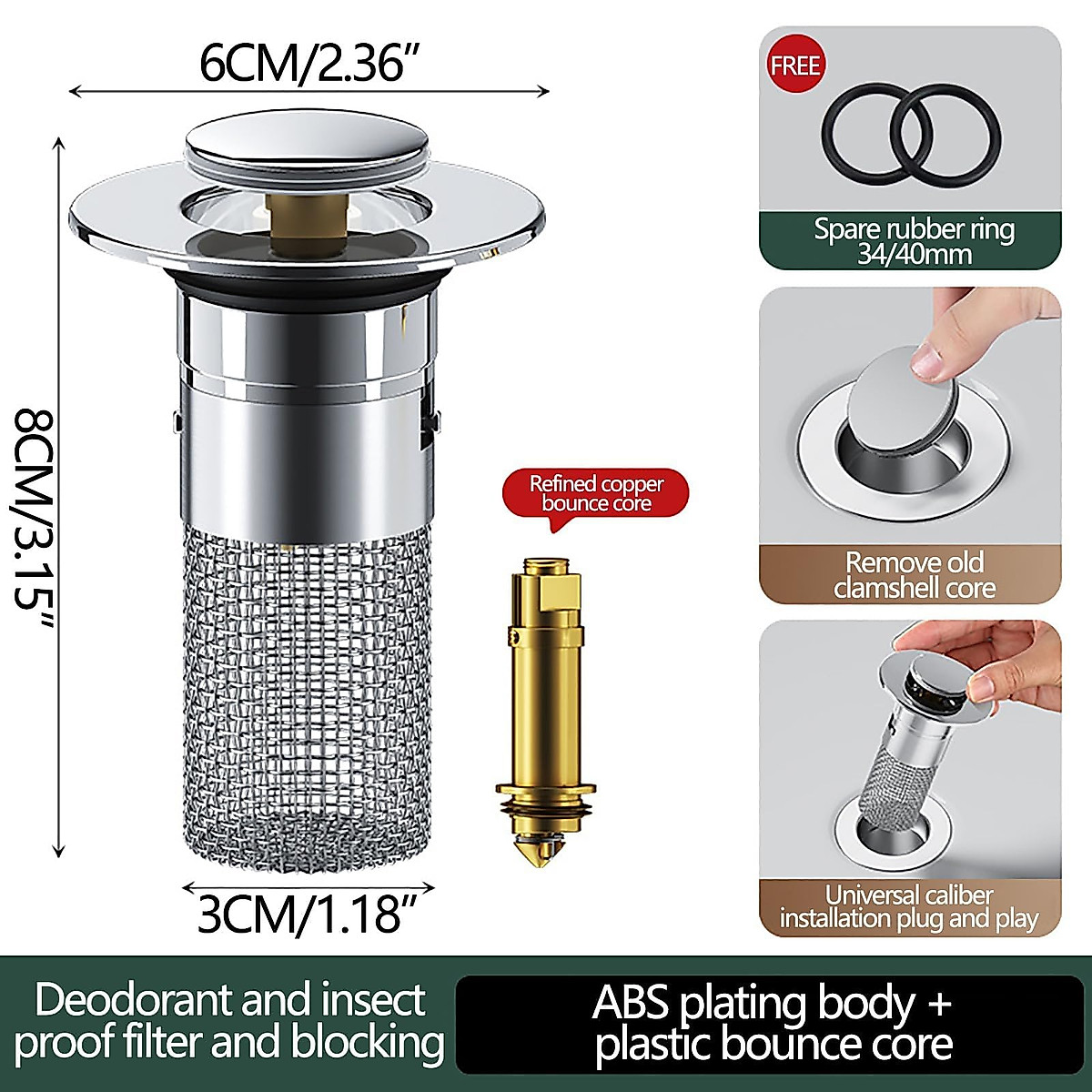 Bathroom Sink Stopper and Hair Catcher 2PCS 304 Stainless Steel Pop-Up Sink Drain Strainer with Removable Stainless Steel Filter Basket Hair Catcher for 1.1''-1.3'' Drain