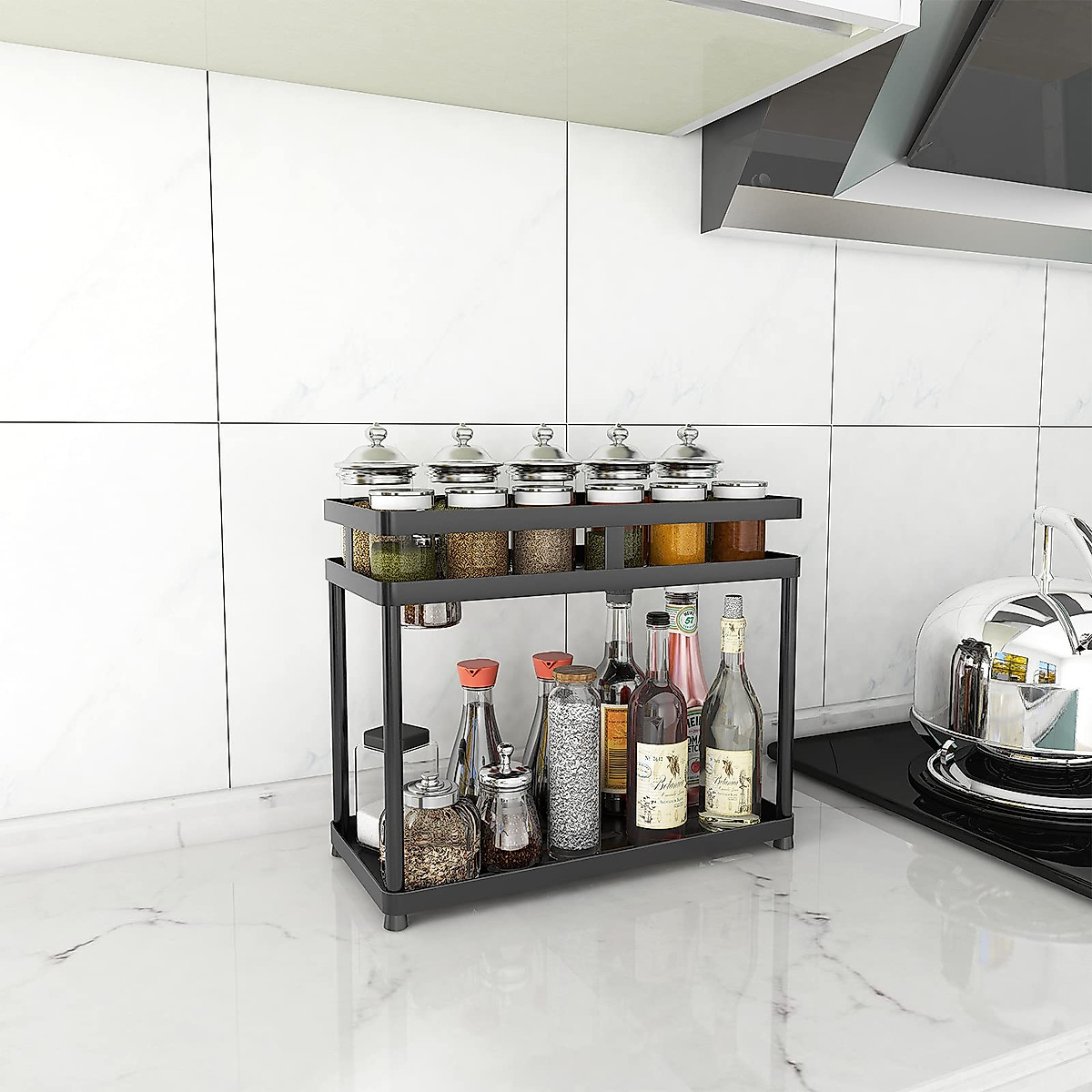 FLE Under Sink Organizer, 2 Tier Metal Under Bathroom Sink Storage Baskets with Hooks, Self Adhesive Black Under Sink Shelf Organizer for Bathroom Kitchen