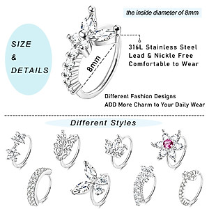 ORAZIO 9Pcs 20G Nose Rings Hoops For Women Surgical Steel Paved CZ Cartilage Earring Hoop Cute Butterfly Flower Nose Piercing Jewelry Silver Gold Black Rose Gold Nose Ring Hoop