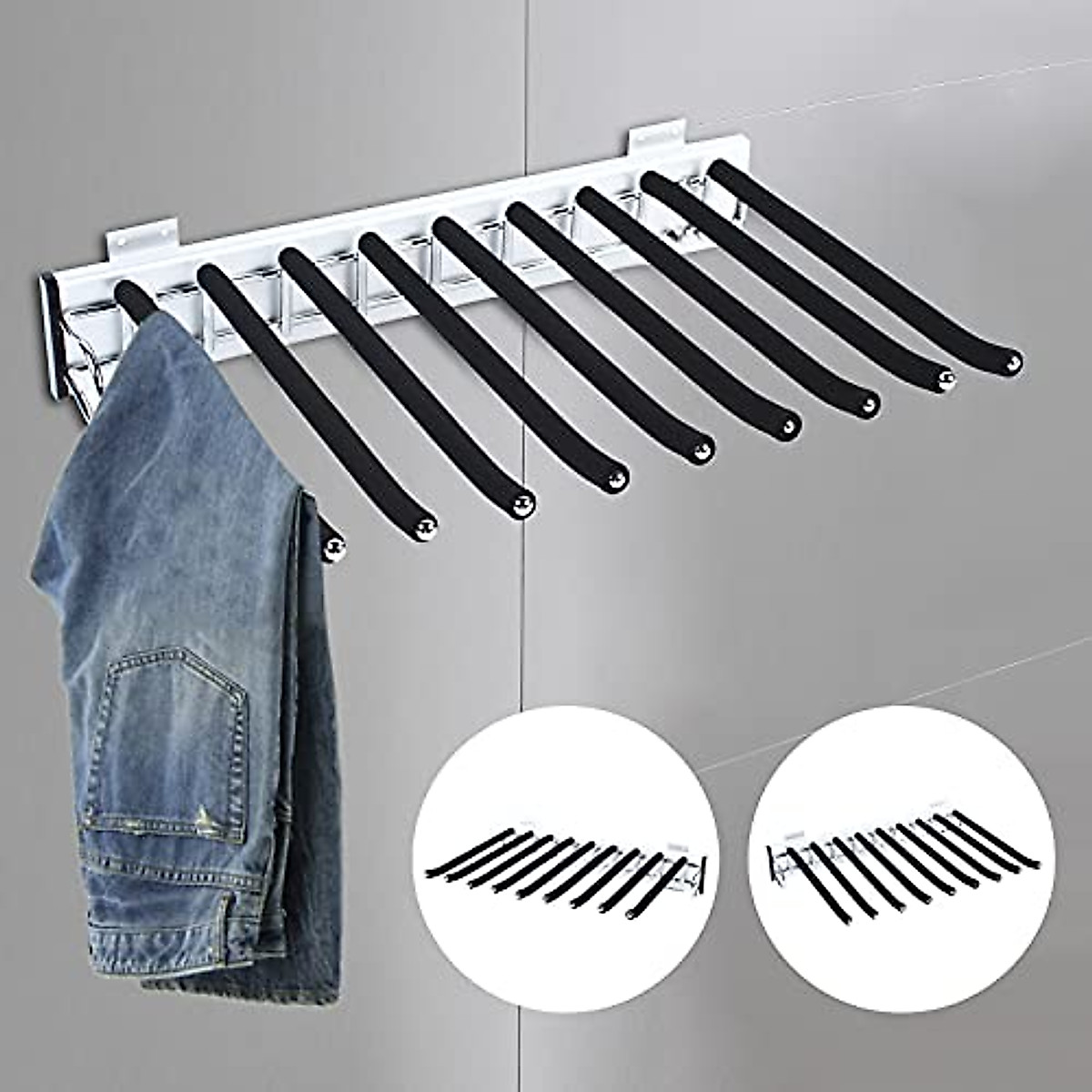 Pull Out Pants Rack Trousers Rack 9 Arms Steel Multifunctional Pull Out Pants RCK Hanger Bar Space Saving Storage Clothes Organizers for Bedroom Cloakroom Wardrobe
