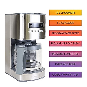 Kenmore Aroma Control 12-Cup Programmable Coffee Maker, Stainless Steel Drip Coffee Machine, Glass Carafe, Reusable Filter, Timer, Digital Display, Charcoal Water Filter, Regular or Bold
