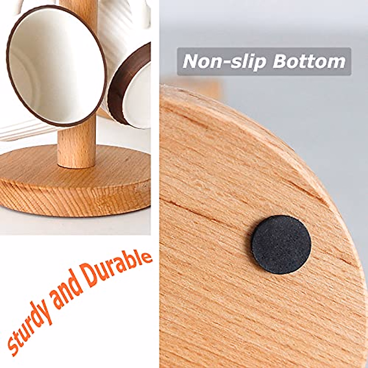 GOJAKO 12" Wooden Mug Holder Tree with 6 Hooks Wood Cup Rack Tea Coffee Bar Organizer Accessories Mug Hanger Stands for Kitchen Counter and Display Dinnerware Storage and Dry (Square Bottom)