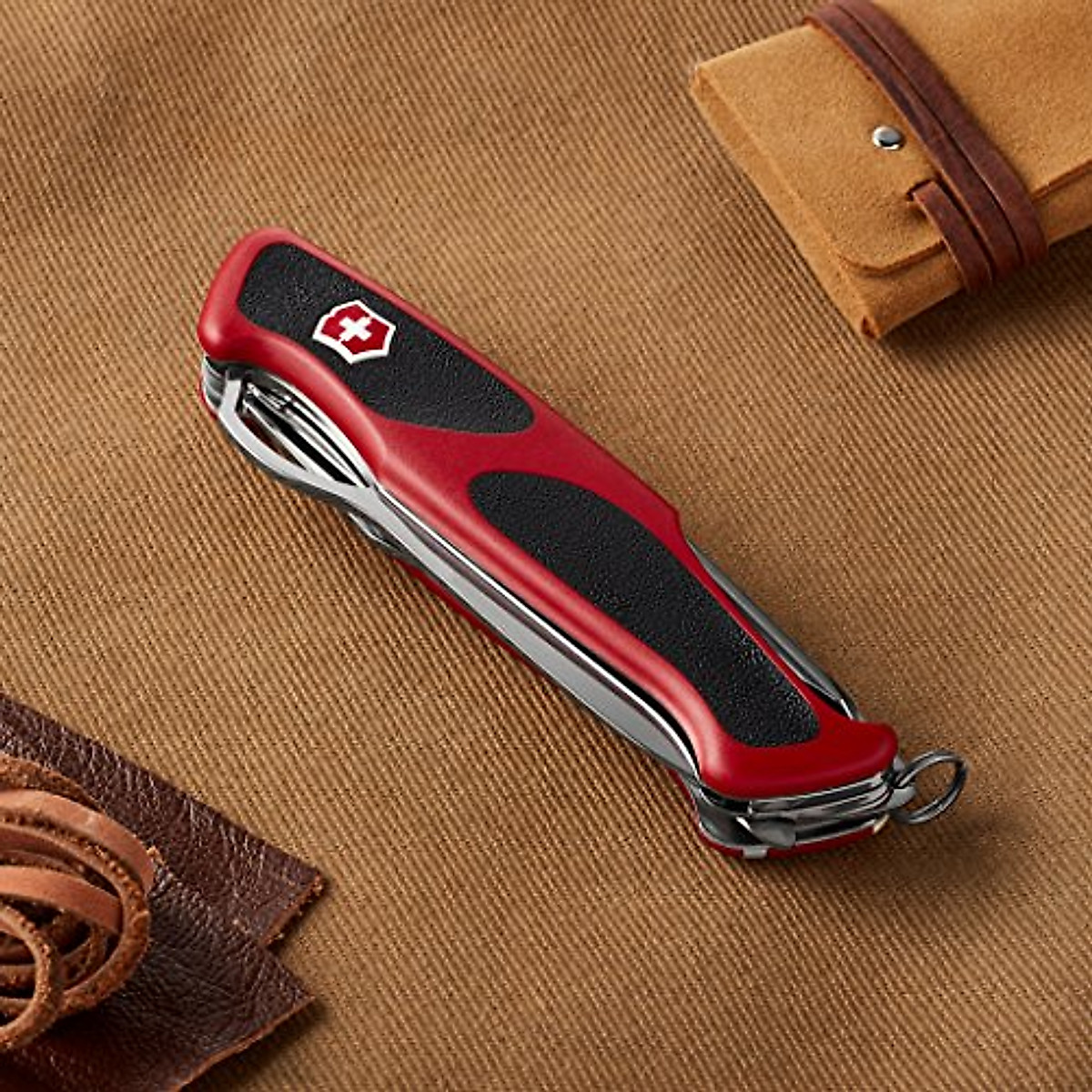 Victorinox Ranger 78 M Grip Swiss Army Knife, 12 Function Swiss Made Pocket Knife with Large Lock Blade, Tweezers and Wood Saw – Red/Black