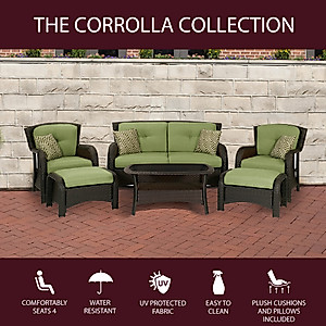 Cambridge Corrolla 6-Piece Outdoor Conversation Set, Modern Luxury Furniture for Patio, Deck, Sunroom, Loveseat, Coffee Table, 2 Chairs, 2 Ottomans, Plush Green Cushions, Patio Furniture Set