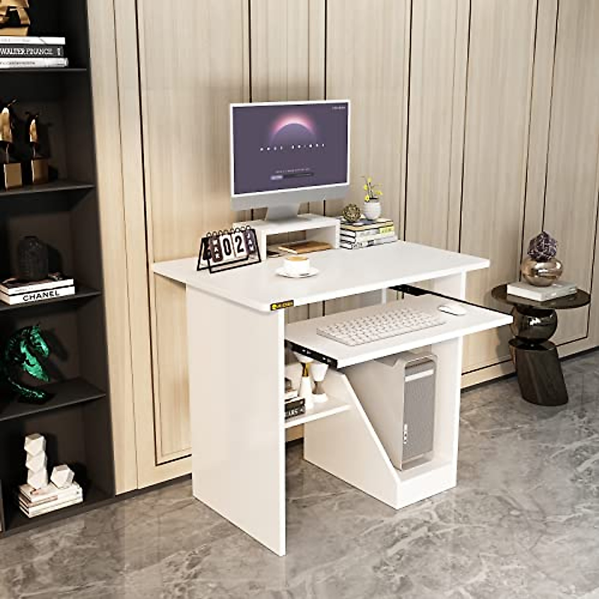 YQ JENMW 29in Computer Desk with Monitor Stand and Keyboard Tray for Small Space, Wood PC Laptop for Bedroom, Writing Table with Shelves for Kids, White