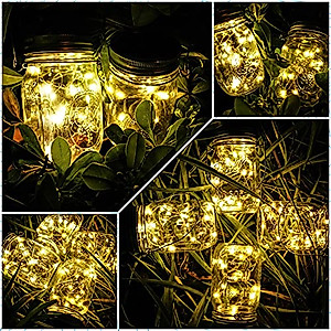 Upgraded Solar Mason Jar Lights, 10 Pack 30 LED Waterproof Fairy Firefly Jar Lids String Lights with Hangers(Jars not Included), Patio Yard Garden Wedding Easter Decoration - Warm White