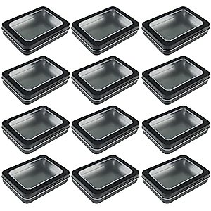 12 Pack Empty Rectangular Metal Storage Organizer Tins with Clear Window Hinged Lids for Small Items and Other Craft Projects, 4.5 x 3.3 x 0.9 inch (Black)