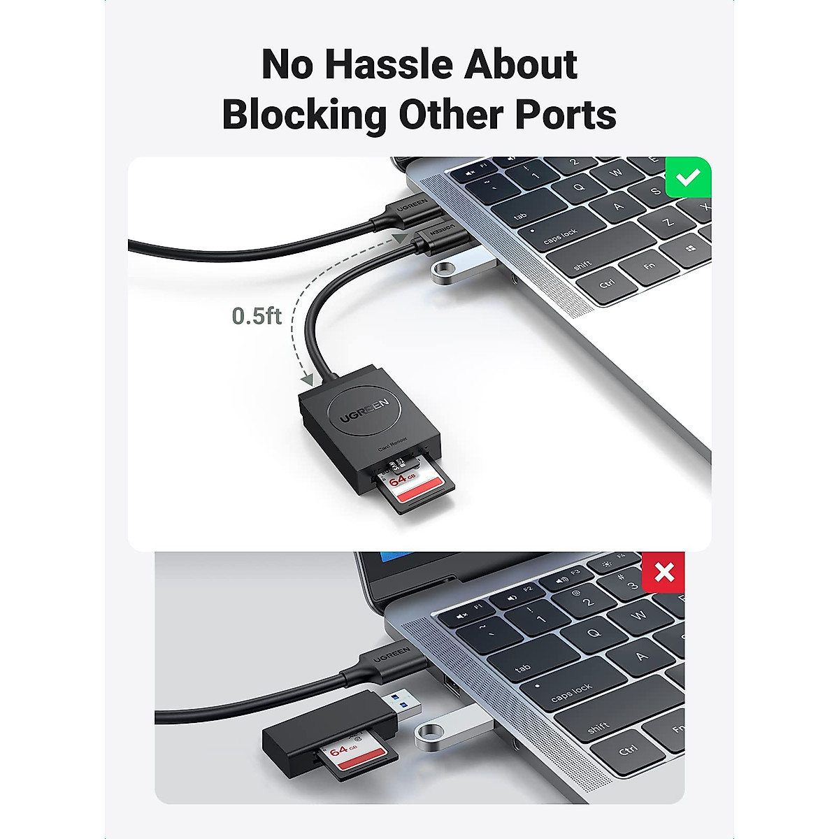 UGREEN SD Card Reader USB 3.0 Dual Slot Flash Memory Card Reader TF SD Micro SD SDXC SDHC MMC RS-MMC Micro SDXC Micro SDHC UHS-I for Mac Windows Linux Chrome Read 2 Cards Simultaneously