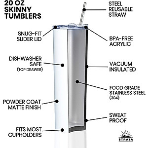 SKINNY TUMBLERS (4 pack) 20oz Stainless Steel Double Wall Insulated Tumblers with Lids and Straws | Skinny Travel Mug, Straw Cleaner INCLUDED! Reusable Cup With Straw | Vinyl DIY Gifts (Matte White)