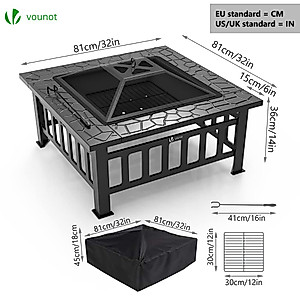 VOUNOT 3 in 1 Metal Square Firepit 32 inch Heavy Duty Fire Pit Table Outside Wood Burning Fire Pits with Spark Screen Lit and Rain Cover for Camping Garden Patio, Black