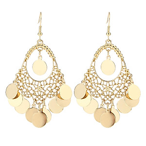 BaubleStar Gold Disc Earrings Chandelier Coin Dangle Tassel Earrings Vintage Bohemian Drop Fashion Jewelry for Women