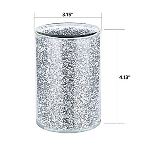 Crushed Diamond Silver Glass Kitchen Utensil Holder Round for Countertop Flatware Utensil Organizer Home Decor Sparkly Gift (Silver)