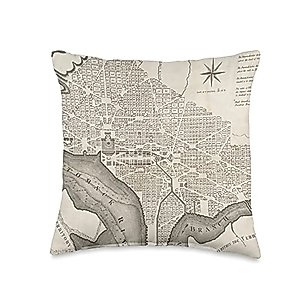 Old District of Columbia & US Capital City Atlas Vintage Washington DC Map (1795) Throw Pillow, 16x16, Multicolor