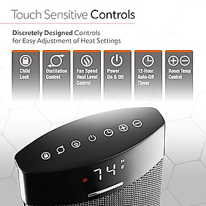 Lasko Ellipse Ceramic Tabletop Heater for Home with Tip-Over Switch, Child Lock, Digital Display, Thermostat, AutoECO Mode, Wide Oscillation, Remote, For Bedroom, Office, Den, 1500W, Black, CD12950