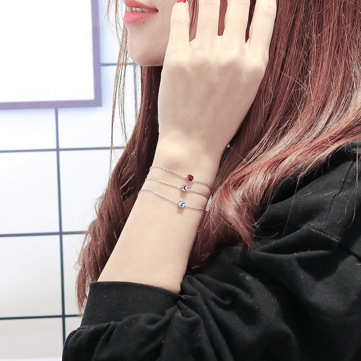 EGOO&YAMEE March Birthstone Bracelet Silver Copper White Gold Plated Cz Crystal Hearts & Arrows Adjustable Bangle (12 Color) Gifts for Women