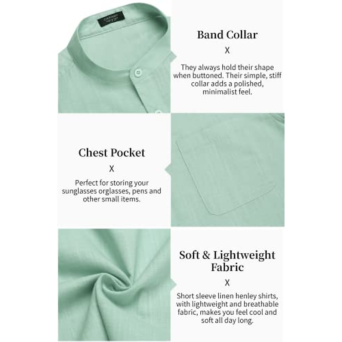 COOFANDY Mens Cotton Linen Henley Hippie Casual Beach T Shirt with Pocket, Green, Large, Short Sleeve