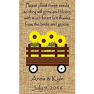 Wedding/Bridal Wildflower Seed Packet Favors(w/seeds) Personalized 50 qty-Burlap Sunflower Wagon Design