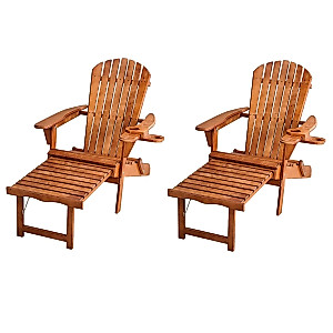 W Home SW2005WN-CL2 50 in. Oceanic Collection Adirondack Chaise Lounge Chair Foldable, Cup & Glass Holder, Walnut - Set of 2