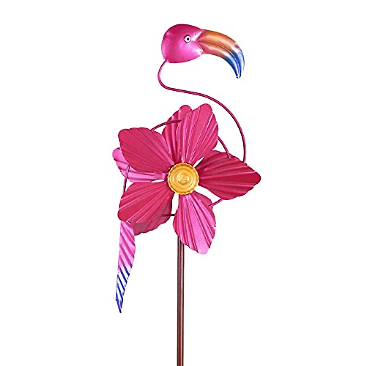 MorTime Flamingo Wind Spinner Garden Stake, 40 Inch Metal Pink Flower Flamingo Windmill Outdoor Decorative Flamingo Wind Sculpture for Spring Yard Lawn Pathway Decorations