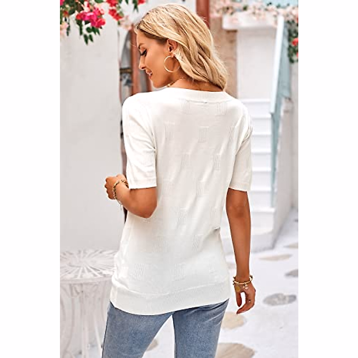 Arach&Cloz Womens Fashion Spring Summer Tops 2023 Trendy Short Sleeve Sweaters V Neck Lightweight Thin Knit Pullover (Off White, Small)