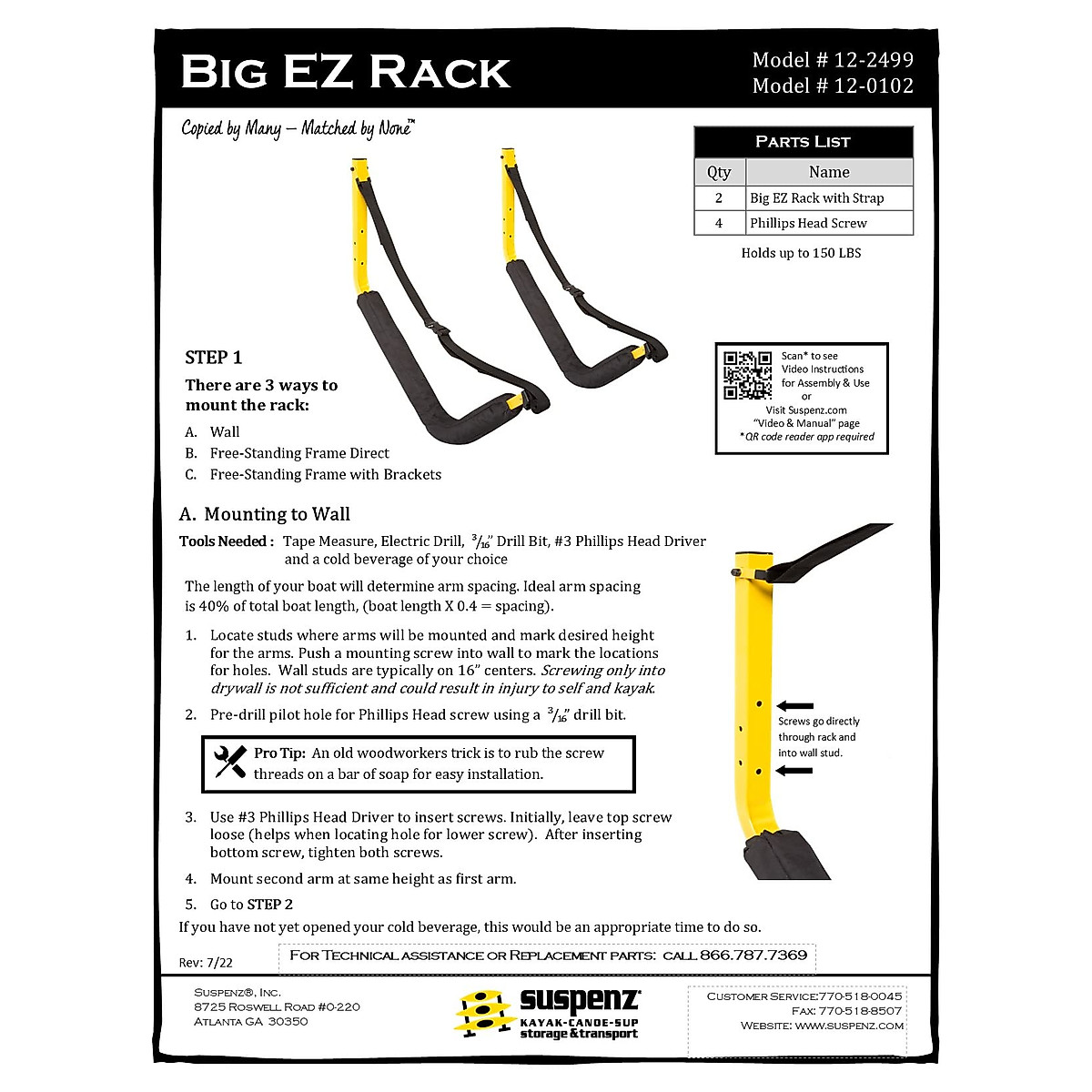 Suspenz Kayak Storage Rack, Big EZ Padded Wall Hangers/Hooks for Kayaks and Canoes, Indoor & Outdoor Wall Mounts, Powder-coated Steel with Foam Pads & Safety Straps, Holds up to 150 lbs (12-2499)