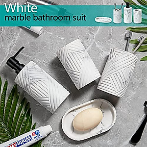 Bathroom Accessories Set 4 Pcs Marble Look Resin Vanity Counter Countertop Accessory Sets Soap Dispenser Dish Toothbrush Holder Restroom Apartment Decor Stuff Kits Women Men Gift White