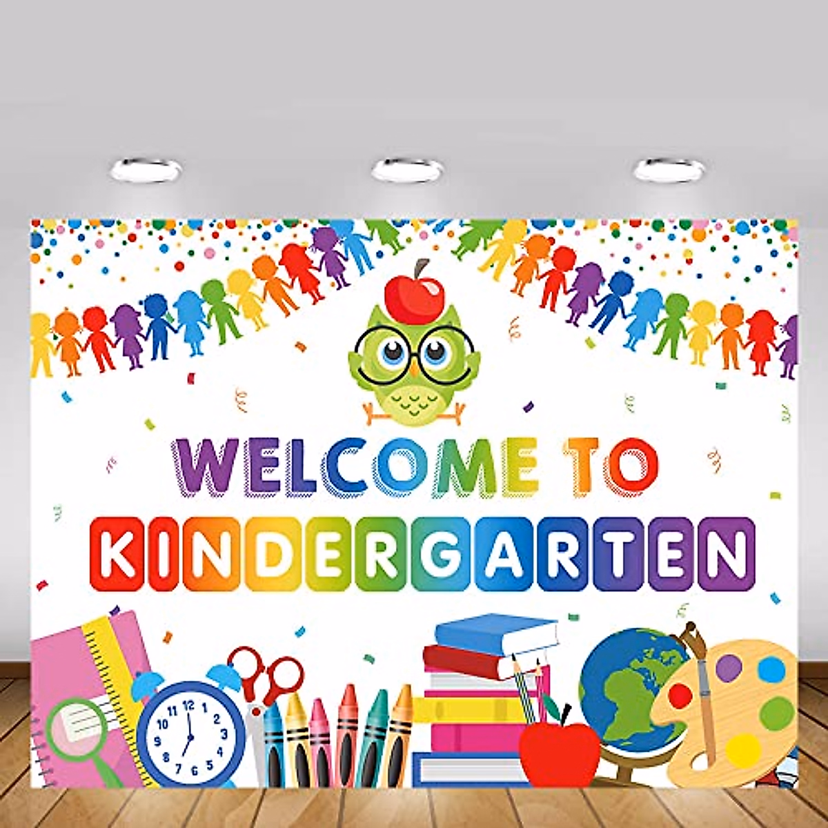 MEHOFOND 7x5ft Welcome to Kindergarten Backdrop Owl Colorful Flags Back to School Kids Classroom Party Decorations First Day in Preschool Kindergarten Photography Background Photo Studio