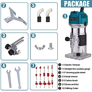 AKYPACH Wood Router Tool Electric Hand Trimmer Laminate Milling Engraving Hand Machine Joiner 110V 800W with 15pcs Trim Router Bits Slotting Carving 1/4" Collets Woodworking Tool