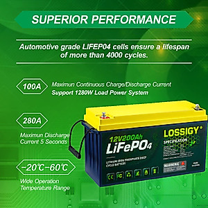 LOSSIGY 12V 200AH LiFePO4 Lithium RV Battery, Perfect for Solar System, Marine, 2560Wh 5000+ Deep Cycles, Built in BMS with 10 Yrs Lifespan