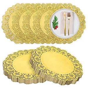 yeestone Gold Paper Doilies 12 Inch, 50 Pack Disposable Charger Plates, Round Paper Placemats, Foil Paper Doilies Bulk for Party Table Decor