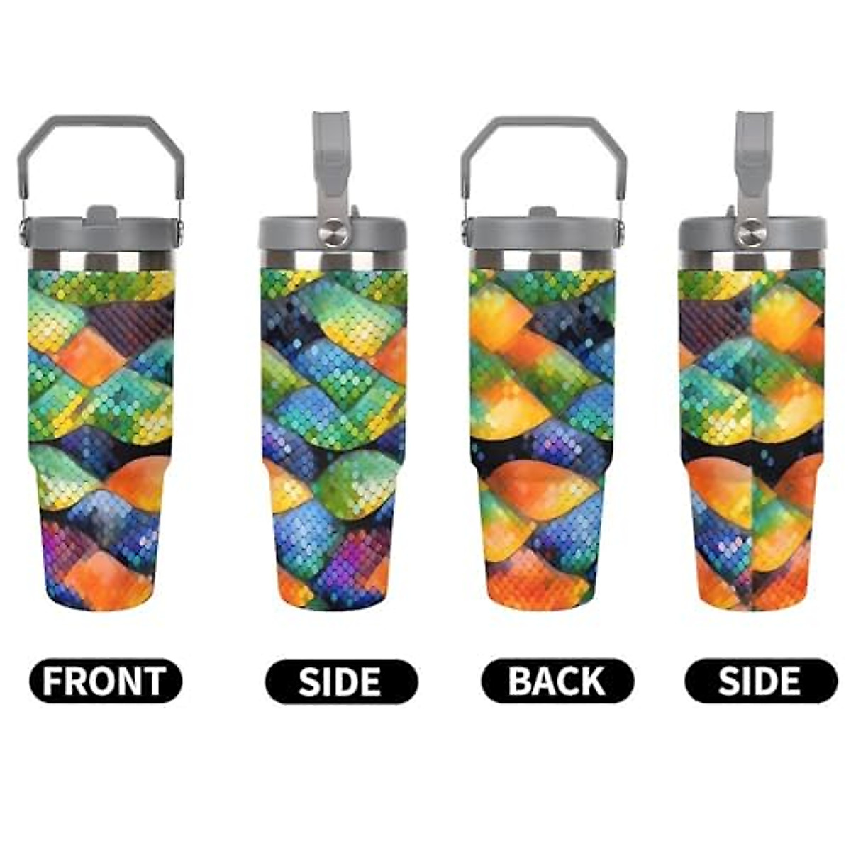 BWQJKUO Large Capacity Car Cup 30 Oz Stainless Steel Rainbow Fish Scale Printed Travel Mug Leak-proof Flip Straw Tumbler with Handle,keeps Cold Or Ho