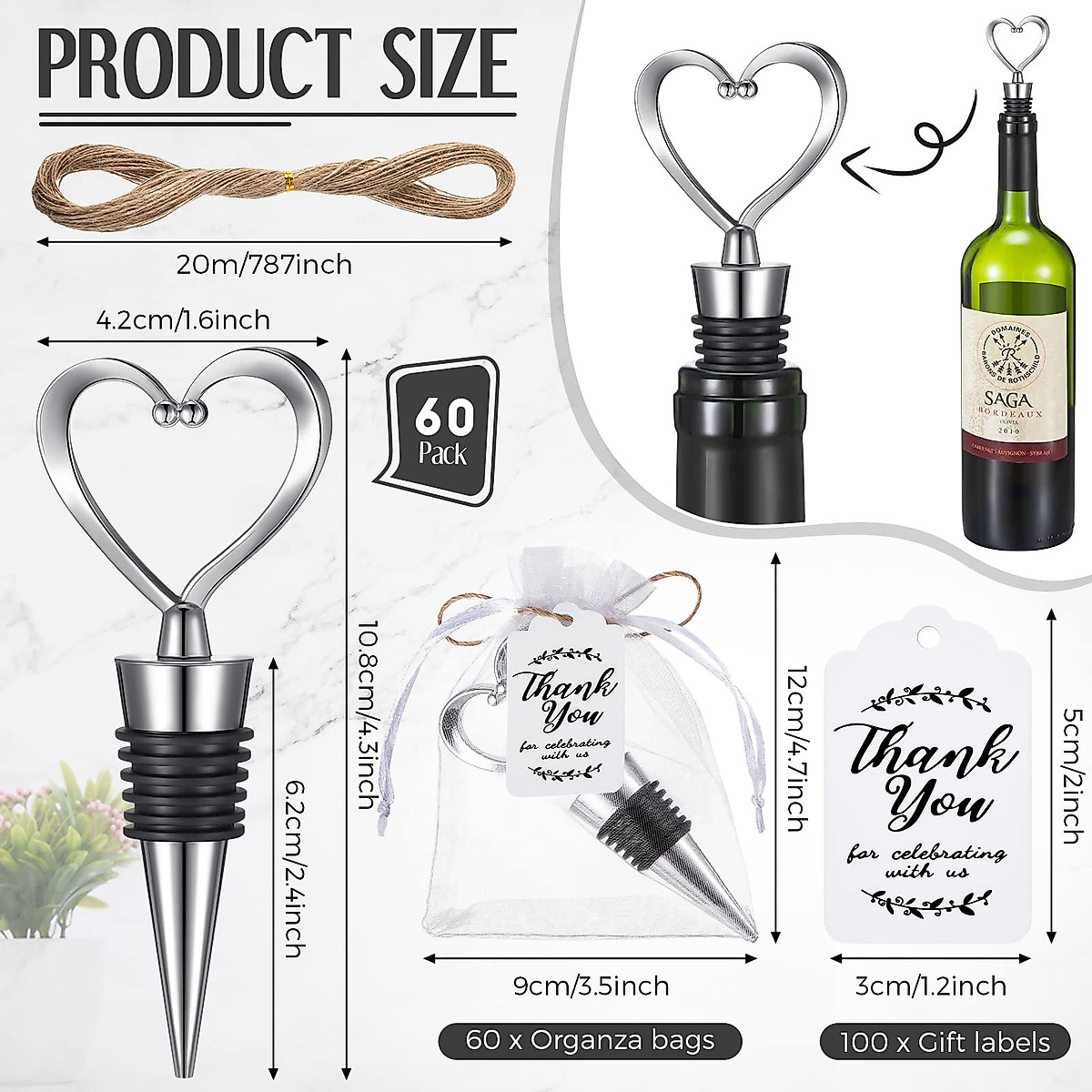 60 Pack Heart Shape Wine Stoppers Love Wine Bottle Stopper Silver Champagne Beer Bottle Stopper Decorative Wine Stopper with Sheer Bags, Labels for Wedding Gift Valentine's Day Decorations