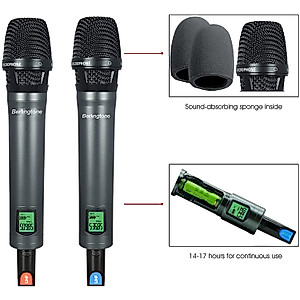 Berlingtone Wireless Microphone System, 2 Handheld Dynamic Microphones,120- Adjustable Frequency Channel, Metal case and mic for Karaoke, Meeting, Party, Church, DJ, Wedding, up 260ft Range (BR-56UM)