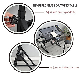 Gee Wuo Black Drawing Table, Modern Design Adjustable Tempered Glass Drawing and Printing Table with 2 Storage Drawers and Chair, Suitable for Office School, Artist