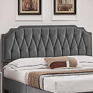 Yaheetech Queen Bed Frame Velvet Upholstered Platform Bed with Curved Headboard, Height-Adjustable Headboard/Noise-Free/Wooden Slats Support/No Box Spring Needed/Easy Assembly, Dark Gray Queen Bed