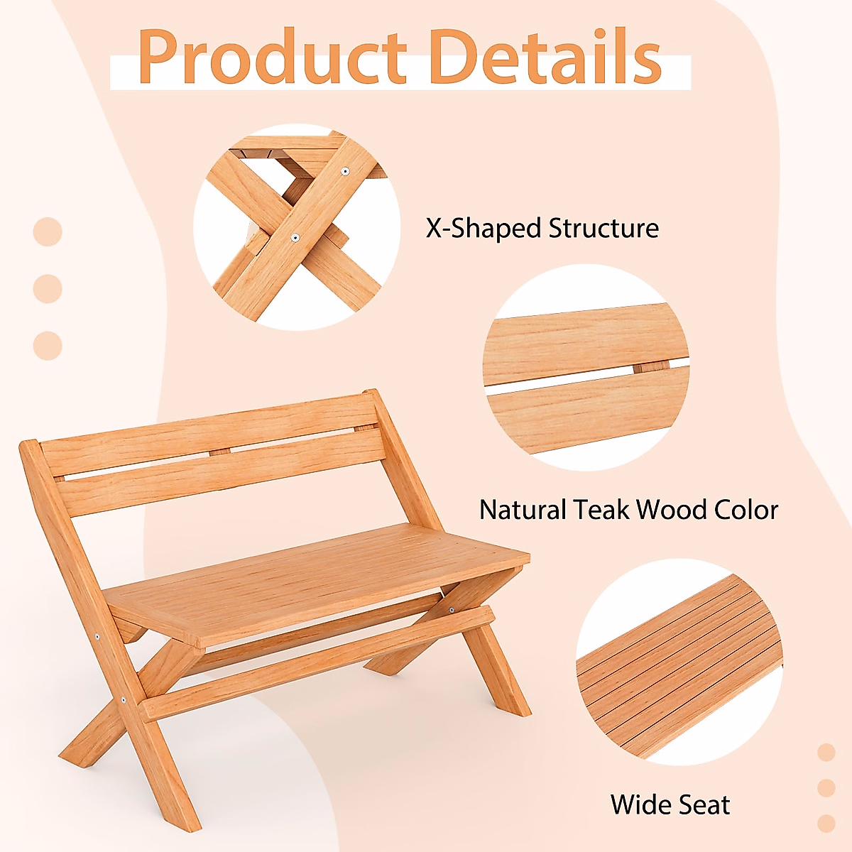 Giantex Wood Outdoor Bench Folding - 2-Person Patio Garden Bench with Solid Teak Wood Structure, Natural Appearance, Foldable Park Bench for Patio, Porch, Backyard, Poolside, Outside Bench Seat