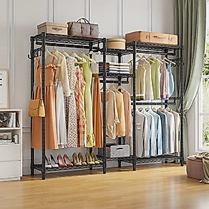 JustRoomy Heavy Duty Clothes Rack for Hanging Clothes, Large Garment Rack with Shelves Portable Closet Wardrobe Rack Freestanding Adjustable Metal Clothing Rack for Bedroom, Max Load 800 Lbs, Black