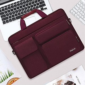 MOSISO Laptop Shoulder Bag Compatible with MacBook Air 15 M3 M2 2024 2023/Pro 16 inch M4 M3 M2 M1,15-15.6 inch Notebook with 2 Raised&1 Flapover&1 Horizontal Pocket&Handle&Belt, Wine Red